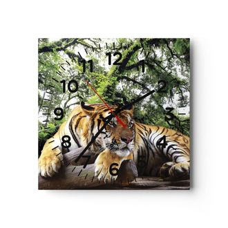 Arttor Modern Wanduhr Tiger Dschungel Ruhe 40x40cm Quadrat Groß Wand Uhr Glas Analog Zimmeruhren Küche Büro Wohnzimmer Glasuhr Wall Clock Dekoration Design W