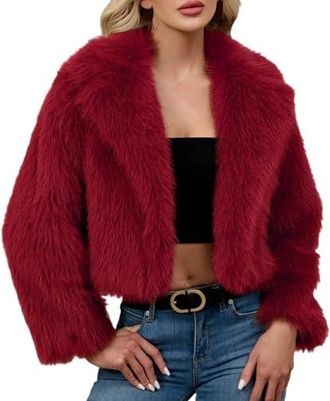 Generic Veste courte en fausse fourrure pour femme, cardigan court &eacute;l&eacute;gant &agrave; manches longues ouvert sur le devant, revers de couleur unie, manteau d&eacute;contract&eacute;