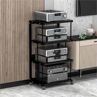 Generic HiFi-Regal (3/4-stufig), AV-Multimedia-St&auml;nder Mit Rollen, Mobiler St&auml;nder for Spielkonsolen, Multimedia-Aufbewahrungsregale Aus Holz, Stereo-Audiosch