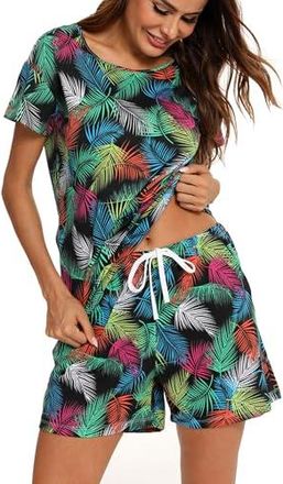 Mia Lucce Ensemble de pyjama dété à manches courtes pour femme - En coton imprimé - Vêtements de nuit à manches courtes avec poches - Tailles S à XXL, Plume ver