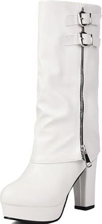 SJJH Bottes mi-longues Design unique | Bottes pour femmes par temps frais, talon 9,5 cm, fermeture &eacute;clair lat&eacute;rale, confortables, Blanc., 32 EU