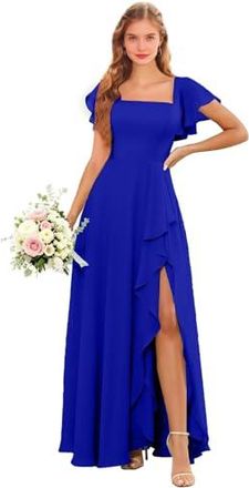 Generic Robe de demoiselle dhonneur à manches courtes en mousseline de soie avec fente et col carré, robe dinvitée de mariage, robe formelle pour mariage, ble