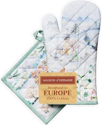 Maison d'Hermine Ensemble de gants de four (19 x 33 cm) & maniques (20 x 20 cm) en 100 % coton, r&eacute;sistants &agrave; la chaleur pour griller, cuisiner, griller, Snowy World - 