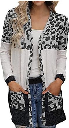 Generic 2026 Vestes pour femmes automne mode cardigan manteau d&eacute;contract&eacute; &agrave; manches longues imprim&eacute; l&eacute;opard veste cousue avec poche, gris, M