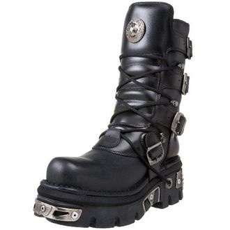 New Rock Botte unisexe M.373-S4 Metallic Collection - style punk, gothique et biker - cuir vachette noir, semelle Reactor, plateforme 5 cm et talon 7 cm, laçag