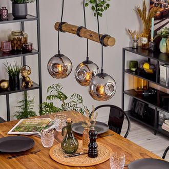 HOFSTEIN Pendelleuchte Ripoll, H&auml;ngelampe aus Metall/Holz/Glas in Schwarz/Natur/Chrom-/Rauchfarben, H&auml;ngeleuchte im Retro/Boho-Design mit Glasschirmen u. Holzb