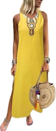 Generic Robes boh&egrave;me 2026 pour femmes, imprim&eacute; fendu, sans manches, robe haute &agrave; la mode, taille haute, col en V pour femmes, jaune, S