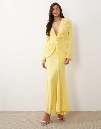 Asos Robe longue en tulle &agrave; d&eacute;collet&eacute; plongeant et manches longues avec noeud torsad&eacute; - Citron-Jaune