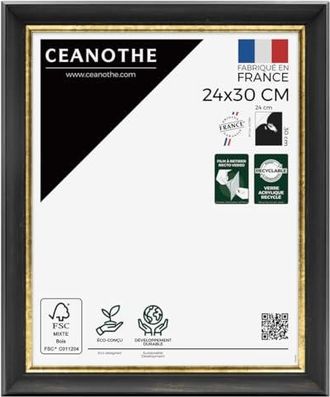 Ceanothe Cadre Photo 24x30 cm Noir Finition Doré Convient au A4 Style Baroque Elegant Noble Collection Pandore en Bois FSC Verre acrylique Incassable Fabriqué 