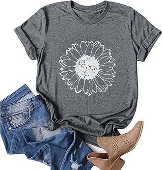 Generic Hauts pour femmes UK T-shirts imprimés pissenlit mignons t-shirts graphiques à manches courtes T-shirts dété en coton T-shirts S-3XL, gris, 3XL