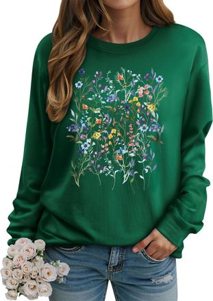 Dresswel Sweatshirt Damen Vintage Inspirierte Botanisches Blumen Druck Rundhals Langarmshirt Baumwolle Pullover Herbst Winter Langarm Oberteile Tops