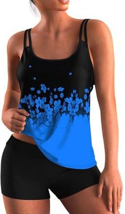 Minetom Maillot de Bain Femme 2 Pi&egrave;ces Tankini Taille Haute Top Ensembles Maillots Bikini Set D&eacute;bardeur et Short F Bleu XS