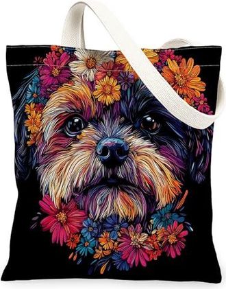Generic Spring Shih Tzu Sac fourre-tout en toile pour faire du shopping 33 x 38,1 cm, motif floral, sac d&eacute;picerie r&eacute;utilisable noir pour femme, animal de comp