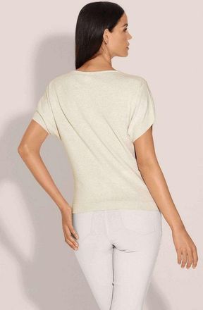 Madeleine Strickpullover Kurzarm Strickshirt mit Folien-Print Grafische Ornamente und U-Boot-Ausschnitt als Eyecatcher