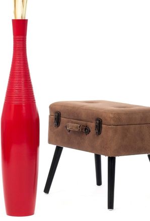 Leewadee Große Deko Bodenvase Für Dekozweige, Hohe Standvase Für Pampasgras, Design Holzvase, 85 cm, Rot