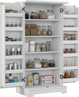 HOMCOM Buffet armoire de cuisine 5 niveaux réglables - 2 portes avec 12 porte-épices - aspect bois blanc cassé
