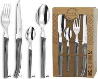 Lou Laguiole RISING SUN Besteck Set 6 Personen | 24-teilig | Grau gl&auml;nzend | Essbesteck 6 Personen sp&uuml;lmaschinenfest | 18/0 Edelstahl mit Mikroverzahnung | 6x Mess