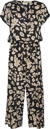 Kaffe Damen, V-Ausschnitt, Kurze &Auml;rmel, abgeschnittene L&auml;nge, breite Beintaschen Jumpsuit, Schwarz/Sand Leo Print, 44