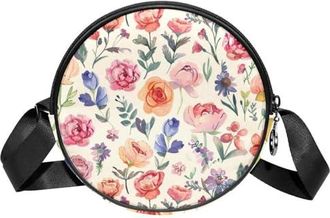 Generic Sac &agrave; bandouli&egrave;re rond pour femme, motif fleurs printani&egrave;res, petit sac &agrave; bandouli&egrave;re avec fermeture &eacute;clair, bretelles r&eacute;glables, sac &agrave; main rond d&eacute;co