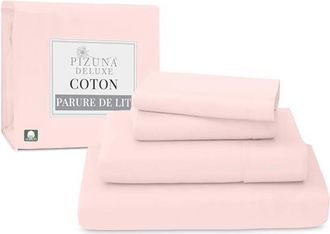 Pizuna 100% Coton Parure de Lit 180x200 cm Rose Clair, Tissu de Satin de Coton à 600 Fils au Pouce carré Comprend 1 Drap Housse, 1 Drap Plat, 2 Taie doreille