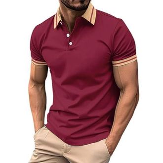 Generic Chemise ray&eacute;e pour homme - Mode printemps et &eacute;t&eacute; - D&eacute;contract&eacute; - Manches courtes - Revers - Couleur unie - T-shirt &agrave; manches courtes, Rouge, 3XL