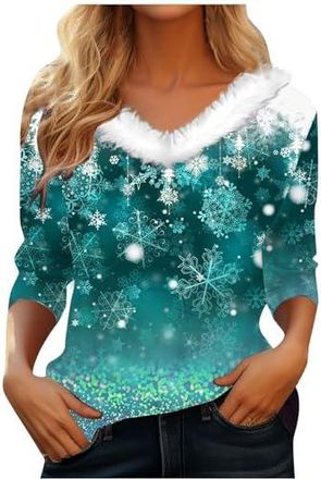 Generic Pull de Noël pour femme avec imprimé en fausse fourrure et col en V - Décontracté à manches longues - Vêtements de Noël, vert menthe, 3XL