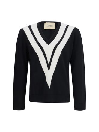 Valentino Mens Sweater With Intarsia V, Virgin Wool, Black-Cream Fleece Wool (ovis Aries) Black/cream