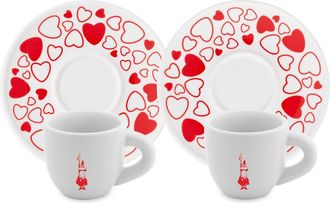 Bialetti Y0TZ021 Set 2 Moka-Tassen Herz (mit Untertassen), Porzellan, Rot/Weiß
