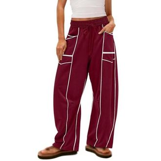 Generic Pantalon baggy baggy avec cordon de serrage pour femme, pantalon de surv&ecirc;tement ample &agrave; jambes larges avec cordon de serrage et poches, Rouge, XXL