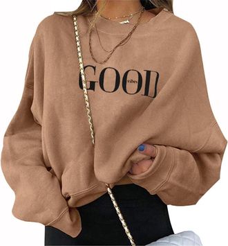 ORANDESIGNE Good Vibes Sweatshirts F&uuml;r Damen Lange &Auml;rmel Pullover Winter Rundhals Vintage Streetwear Oversized Briefe Drucken M&auml;dchen Sportbekleidung Casual Top C