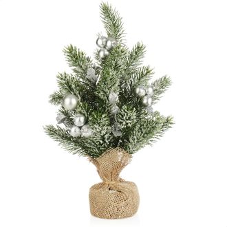 Com-Four Deko-Baum Weihnachten - Kleiner Schmuckbaum mit Dekoschnee, Kugeln und Tannenzweigen - Tischdeko f&uuml;r die Adventszeit (35cm. Zweige. silberfarbene Kuge