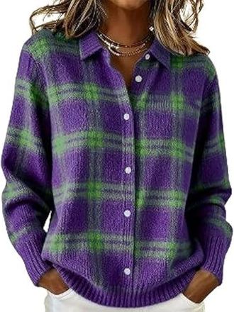 Generic Cardigan boutonn&eacute; d&eacute;contract&eacute; en coton pour femme, imprim&eacute; &agrave; carreaux, cardigan court en tricot, cardigan boutonn&eacute;, D, XXL