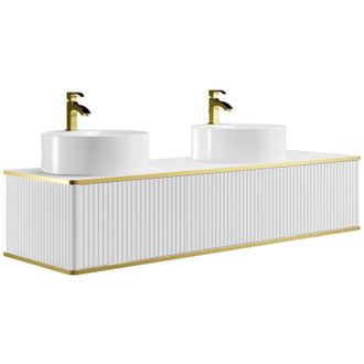 Vente-Unique Meuble de salle de bain suspendu stri&eacute; liser&eacute; dor&eacute; 2 tiroirs avec double vasque &agrave; poser ronde - Blanc - 150 cm - KELIZA