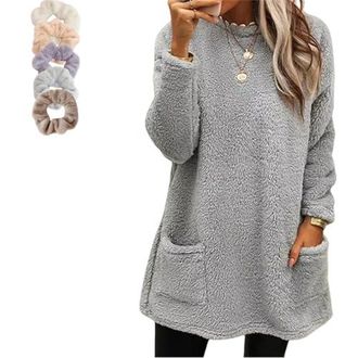 Generic Pull en polaire pelucheuse à manches longues et col rond, couleur unie, pull léger et confortable en polaire, gris clair, 3XL