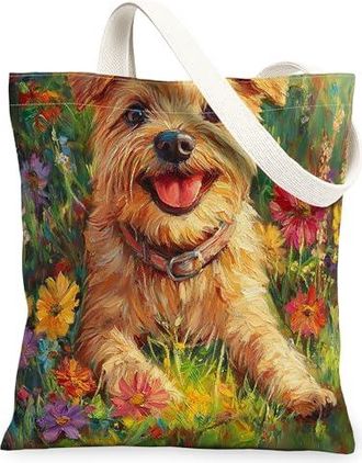 Generic Sac fourre-tout en toile motif chien norfolk terrier printanier 33 x 38,1 cm, motif fleurs color&eacute;es, sac d&eacute;picerie r&eacute;utilisable pour femme, peinture d