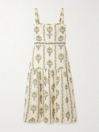 Agua Bendita Nispero Midikleid Aus Bedrucktem Leinen Mit Stickereien - Creme