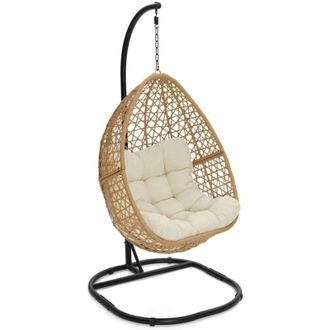 IDMarket Fauteuil lune suspendu ajour&eacute; effet rotin avec coussin &eacute;cru