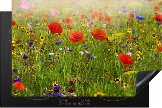 MuchoWow Herdabdeckplatte Ceranfeld Spritzschutz Küche Frühling - Blumen - Rot - Mohn - Gras - Grün 81.6x52.7 cm Induktionsherd Abdeckung Induktionskochfeld Ce