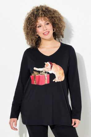 Ulla Popken Longsleeve Weihnachtsshirt Katze A-Linie V-Ausschnitt Langarm