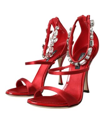 Dolce & Gabbana Womens Red Keira Satin Crystals Sandals Heels Shoes Goat