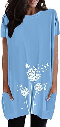 Generic T-shirt femme d&eacute;contract&eacute; col rond couleur unie imprim&eacute; poches t-shirt long haut, bleu, XXL