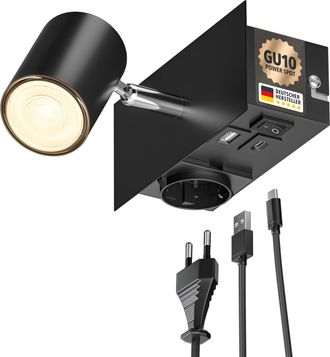 LEDs Com Wandspot WAIKA, 1-flammig, schwarz, Steckdose, USB-C, USB-A, inkl. LED GU10 Lampe, 1103lm, 33&deg;, warmwei&szlig;