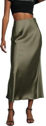 OLIPHEE Jupe Longue Femme Jupe Satin Taille Haute Elastique Robe Femme Robe Satin Ligne A Couleur Unie Casual Chic Élégante Soirée Vert XS