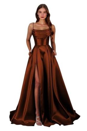 Generic Robes de bal en satin à bretelles spaghetti avec fente trapèze, robes de bal longues robes de soirée formelles avec poches, orange brûlé, 52 Grande ta
