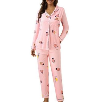 Generic Ensemble de pyjama 2 pi&egrave;ces pour femme avec boutons et manches longues, pantalon long, v&ecirc;tement de d&eacute;tente doux avec poches, Multicolore - K, XXL