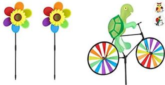 Relaxdays Windrad Blume, 2er Set & Windrad Schildkröte, Gartenstecker in tierischem Design, Kinder, Balkon oder Terrasse, 82 cm hoch, Mehrfarbig