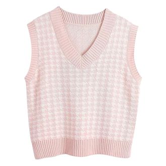 Generic Damen Pullunder Pullover Ärmellos Strick Weste Pollunder Pulunda V Ausschnitt Sweater Vest Klassische Hahnentritt Diamant Karierten Design für Damen W