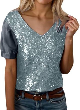 Generico Chemisier &agrave; paillettes avec col en V Grandes tailles - Haut brillant &eacute;l&eacute;gant &agrave; manches courtes et paillettes - Haut pour f&ecirc;tes et cocktails - Haut bri