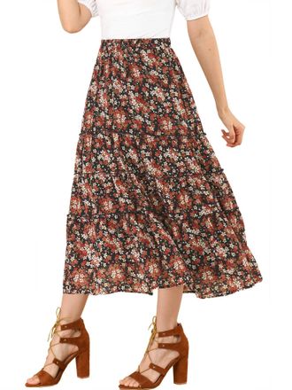 Allegra K Damen Blumenrock Chiffon A-Linie Lange Stufige R&uuml;schen Boho Sommer Midi R&ouml;cke, Schwarz Rot, Klein