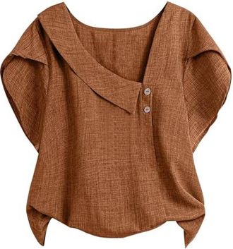 Generic Haut en coton et lin pour femme - Haut &agrave; manches courtes - Couleur unie - Tunique d&eacute;contract&eacute;e &agrave; col en V - Chemise en mousseline de couleur unie - Bl